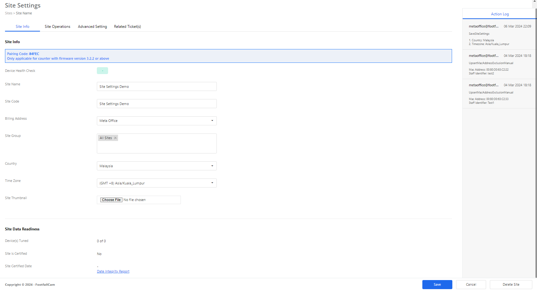 Site Setting Page - FootfallCam